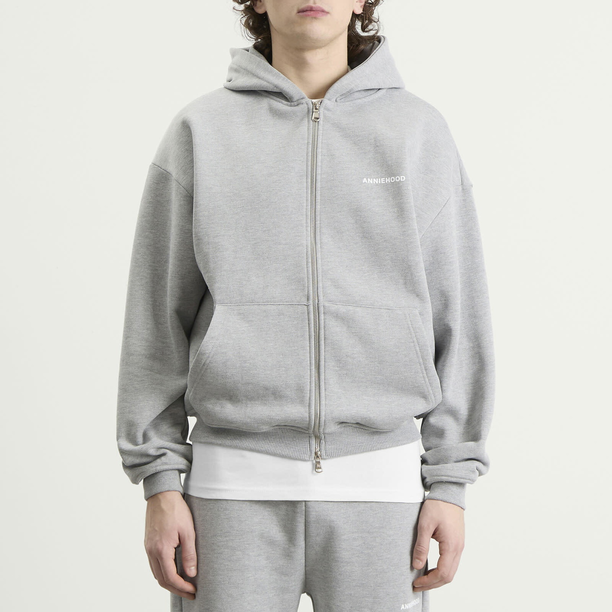 ANNIE HOOD Men's Mini Logo Zip Hoodie in Marl Grey ANNIE HOOD