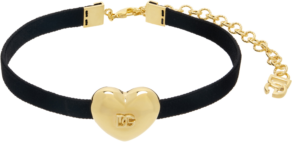 Dolce&Gabbana Black & Gold Velvet Ribbon 'DG' Logo Heart Choker Dolce ...