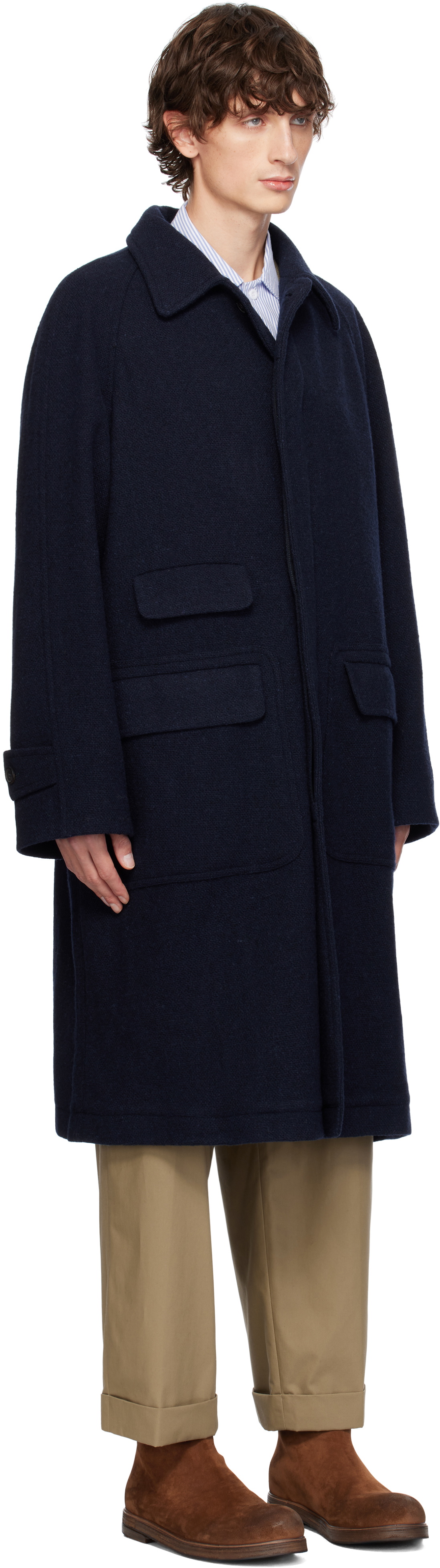 Drake's Navy Wool Raglan Coat Drake's