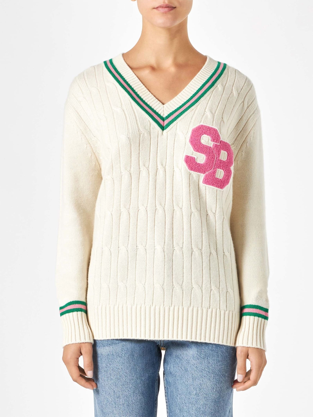 MC2 Saint Barth Woman V-neck Braided Sweater With Patch MC2 Saint Barth