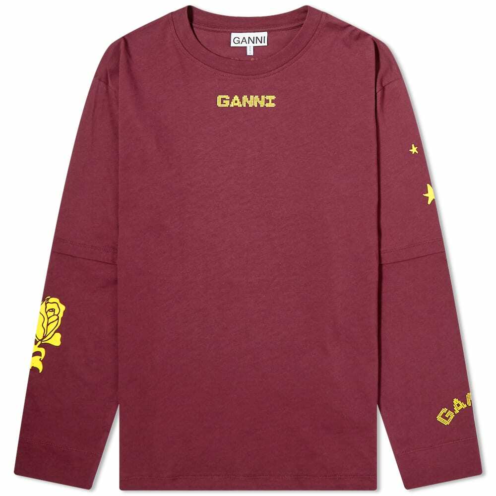 GANNI Women's Long Sleeve Logo Rose Arm T-Shirt in Port Royale GANNI