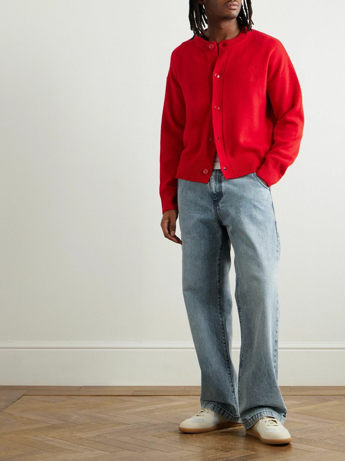 AMI PARIS - Logo-Embroidered Wool and Cashmere-Blend Cardigan - Red AMI