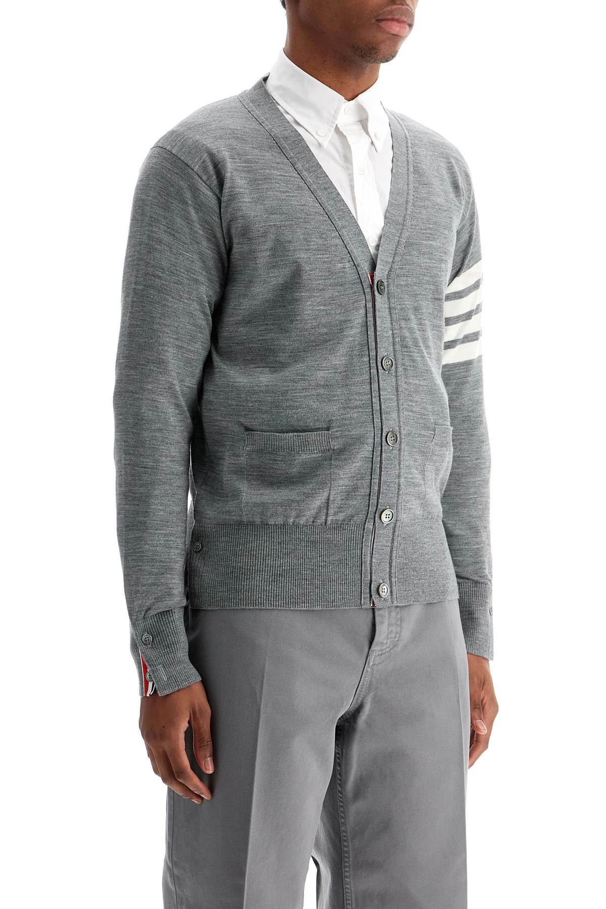THOM BROWNE men's cardigan in pale grey merino wool with 4 white ...