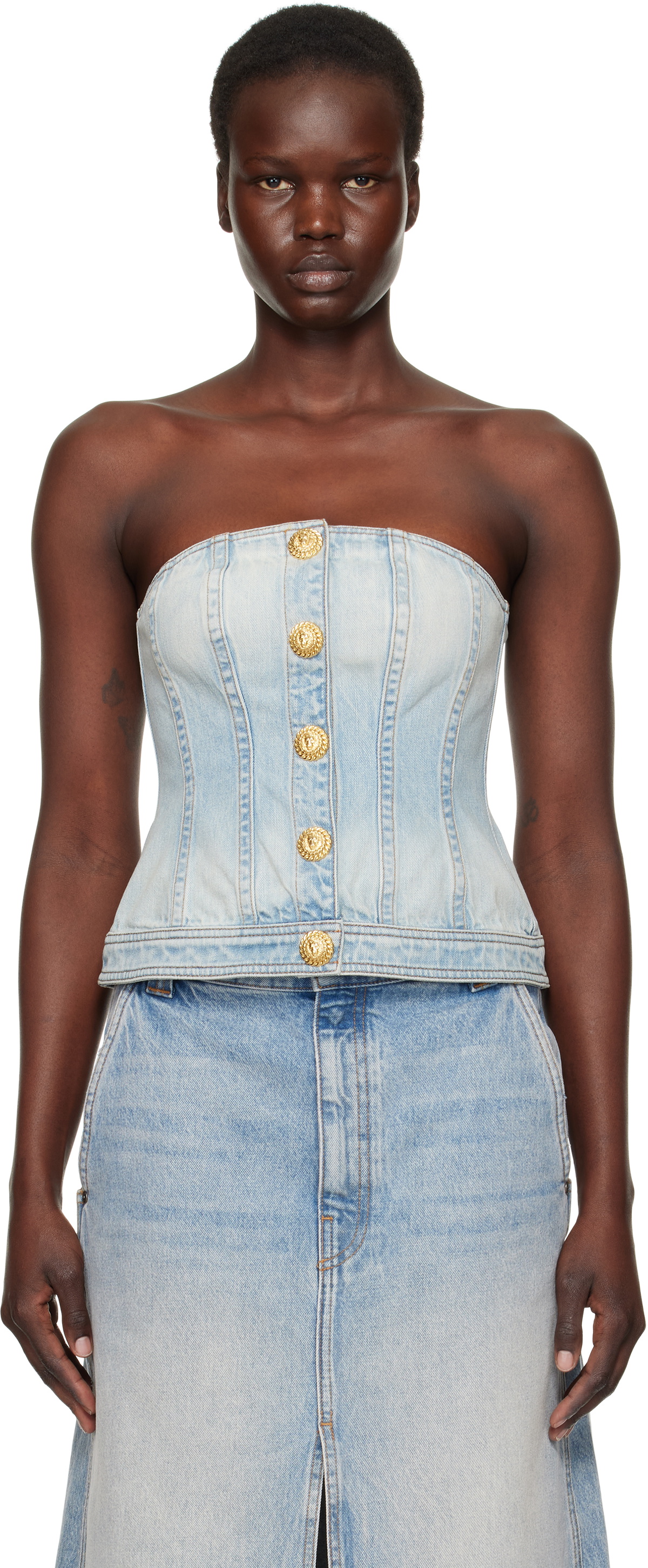 Balmain Blue Buttoned Denim Corset Top Balmain