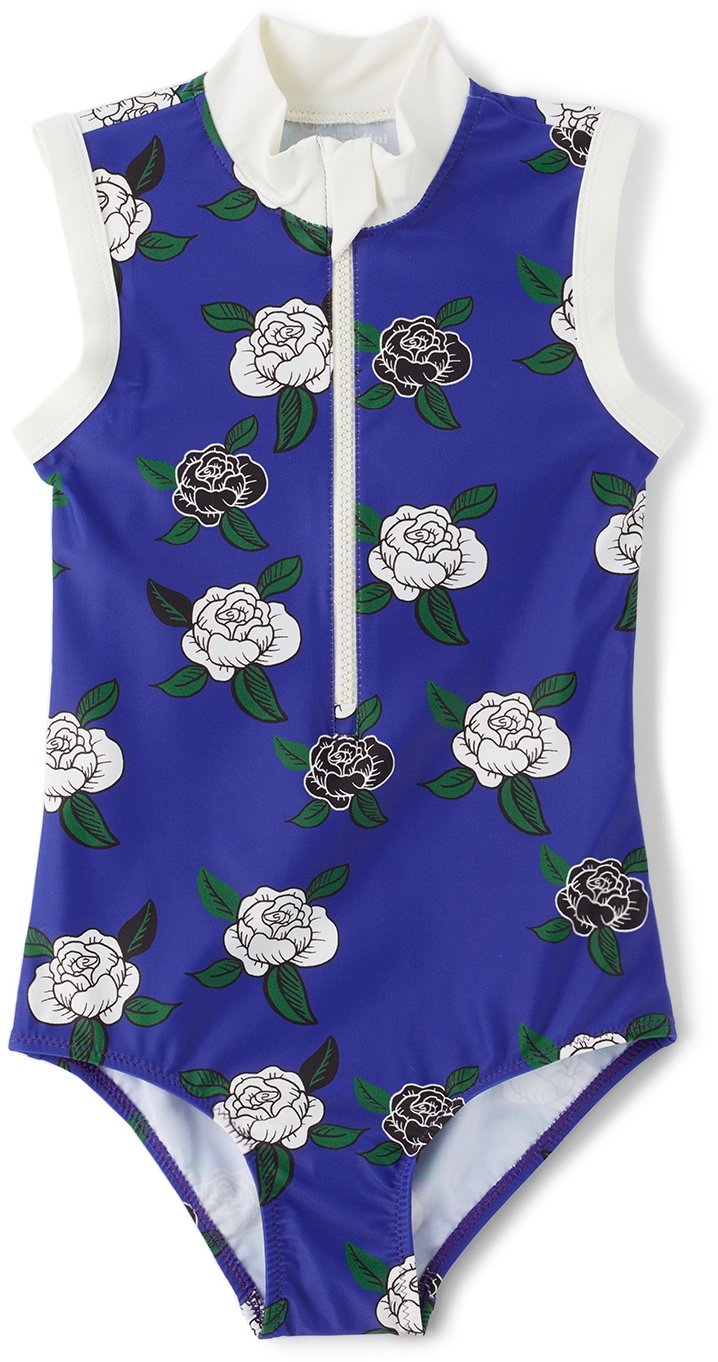 Mini Rodini Kids Blue Rose Zip One-Piece Swimsuit Mini Rodini