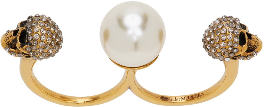Alexander McQueen Gold Pearl Skull Double Ring Alexander McQueen