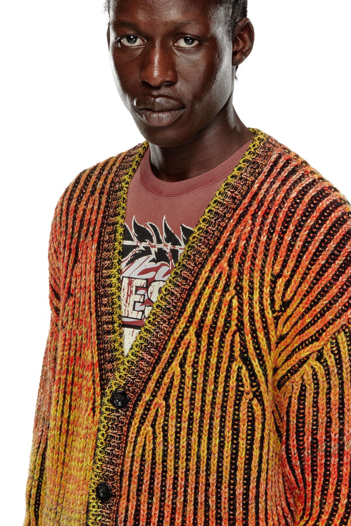 Diesel Striped ribbed cardigan in wool blend - Knitwear Mens in Orange ...