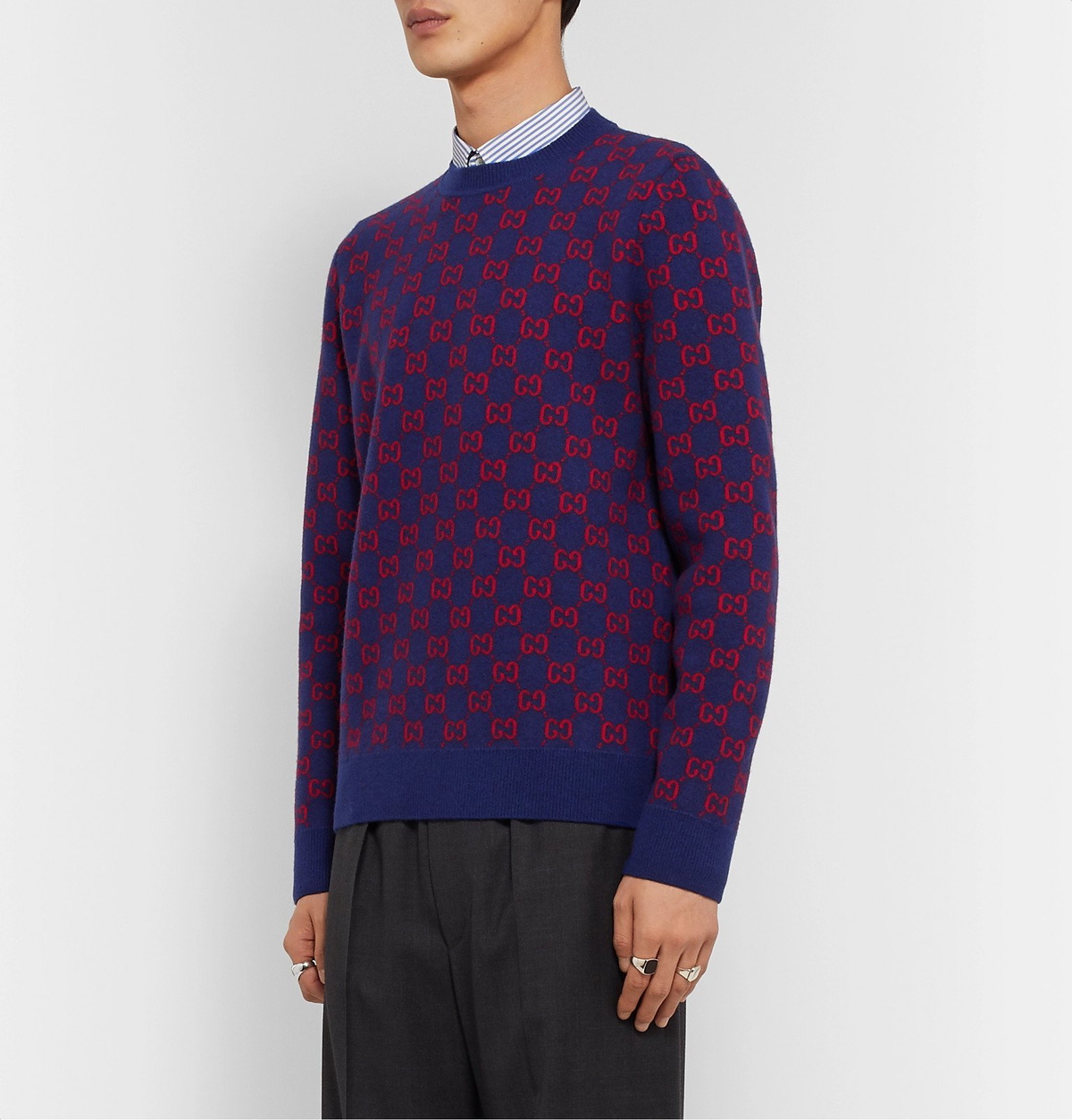 Gucci - Logo-Jacquard Wool and Cashmere-Blend Sweater - Blue Gucci