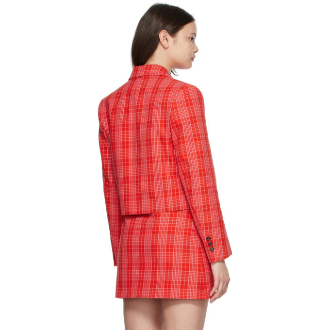 MSGM Red and Pink Cropped Plaid Blazer MSGM