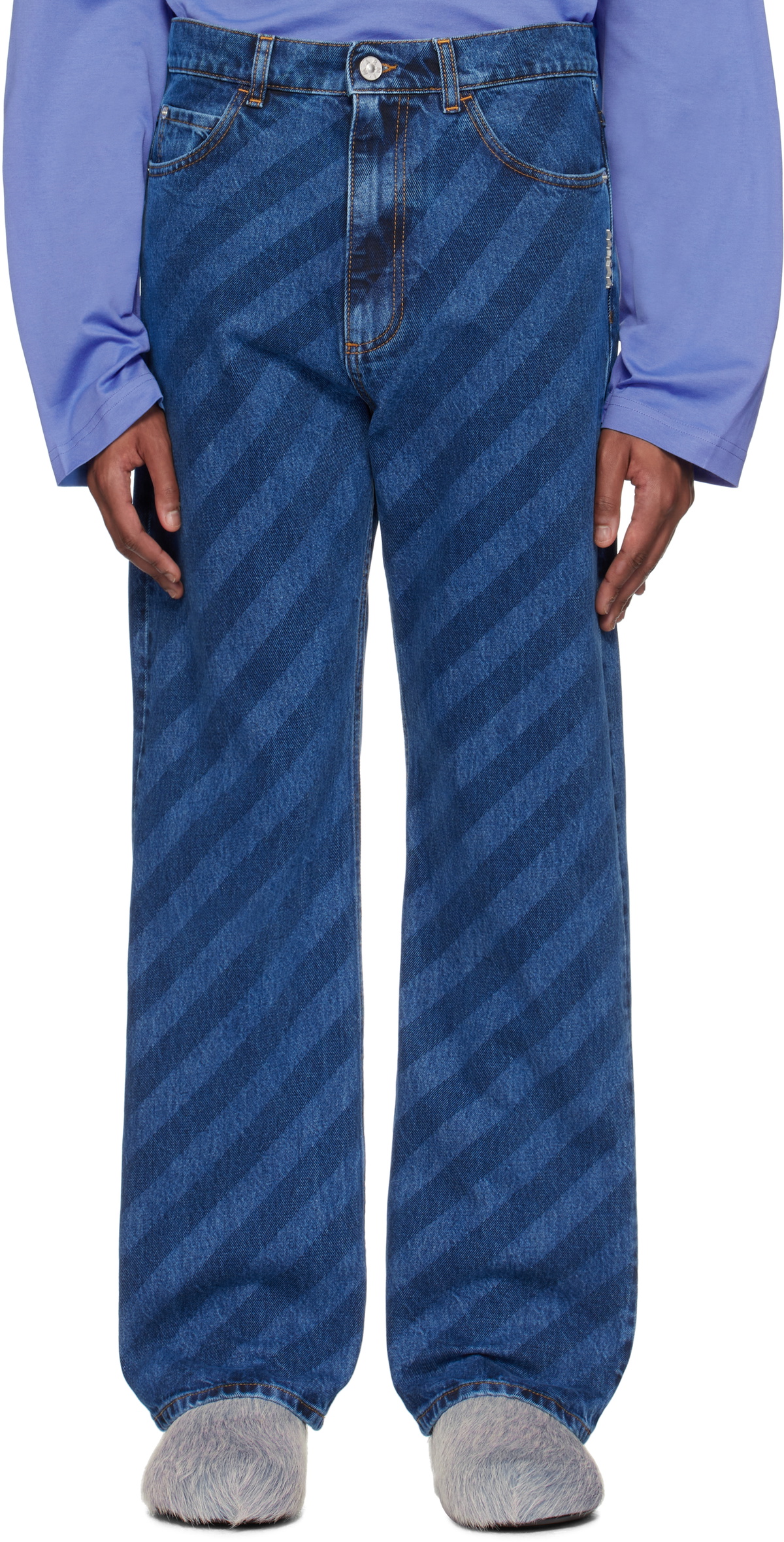 Marni Blue Wide Leg Diagonal Stripe Jeans Marni