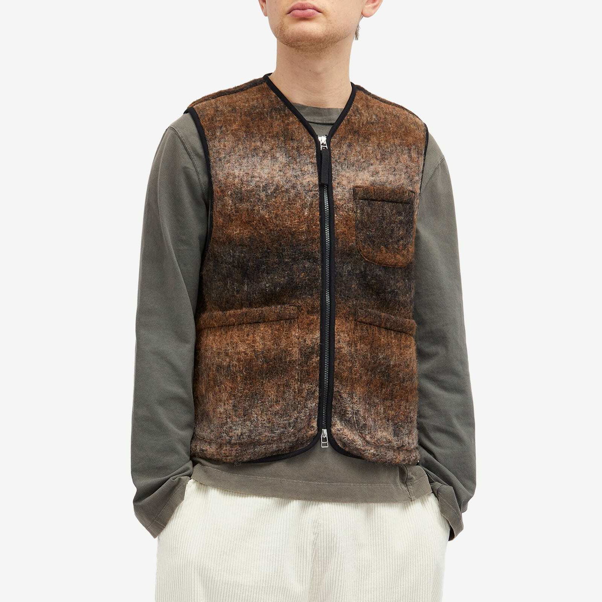 Universal Works Men's Ombre Wool Fleece Gilet in Brown Universal Works
