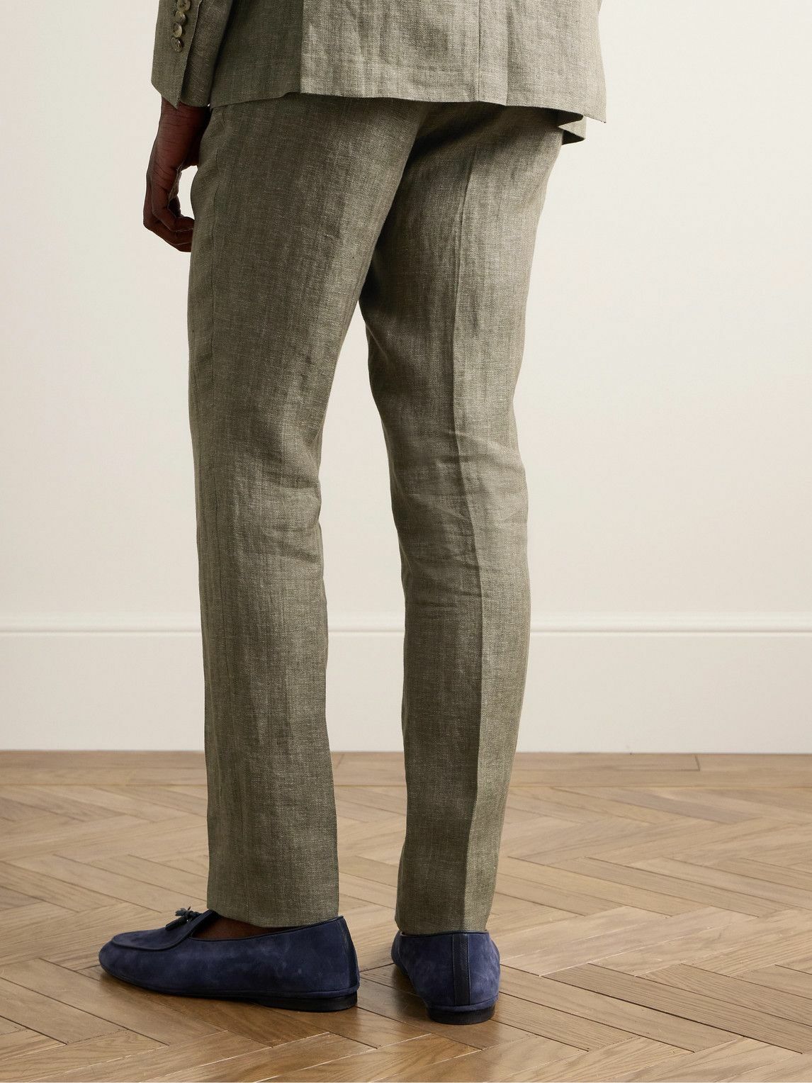 De Petrillo - Straight-Leg Pleated Herringbone Linen Suit Trousers ...