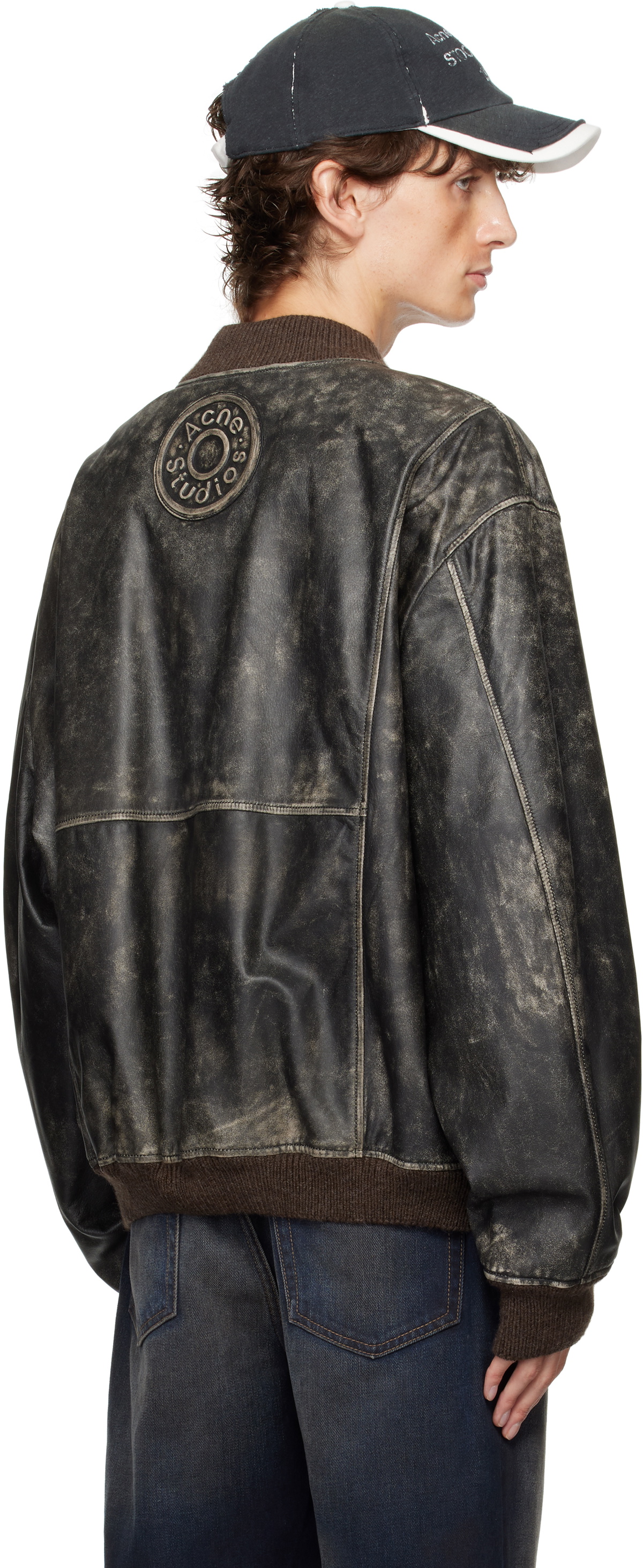 Acne Studios Black Distressed Leather Bomber Jacket Acne Studios