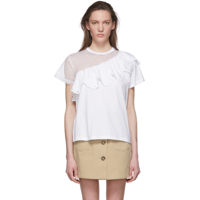 RED Valentino White Mesh Asymmetrical T-Shirt RED Valentino