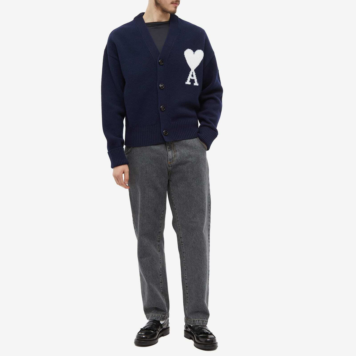AMI Men's Tonal A Heart Cardigan in Nautic Blue/White AMI