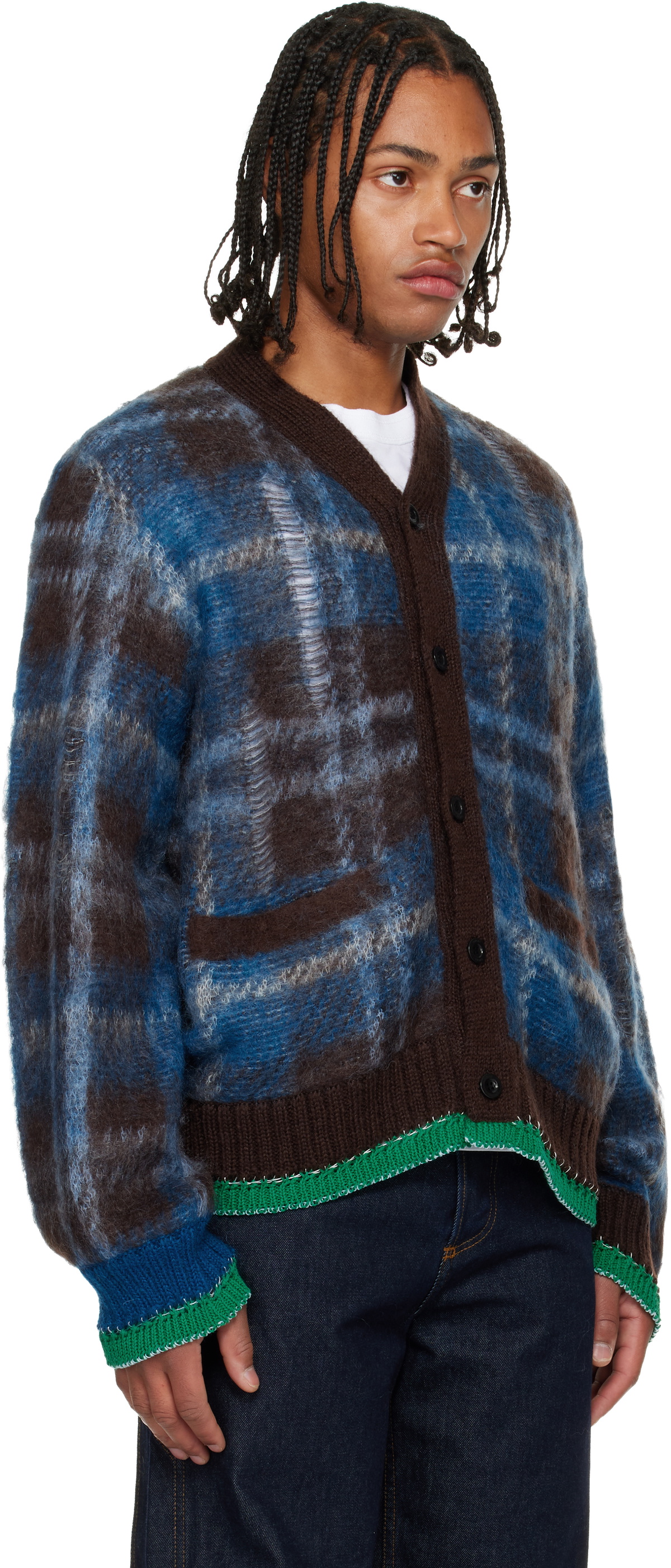 sacai Blue & Brown Plaid Mohair Knit Cardigan Sacai
