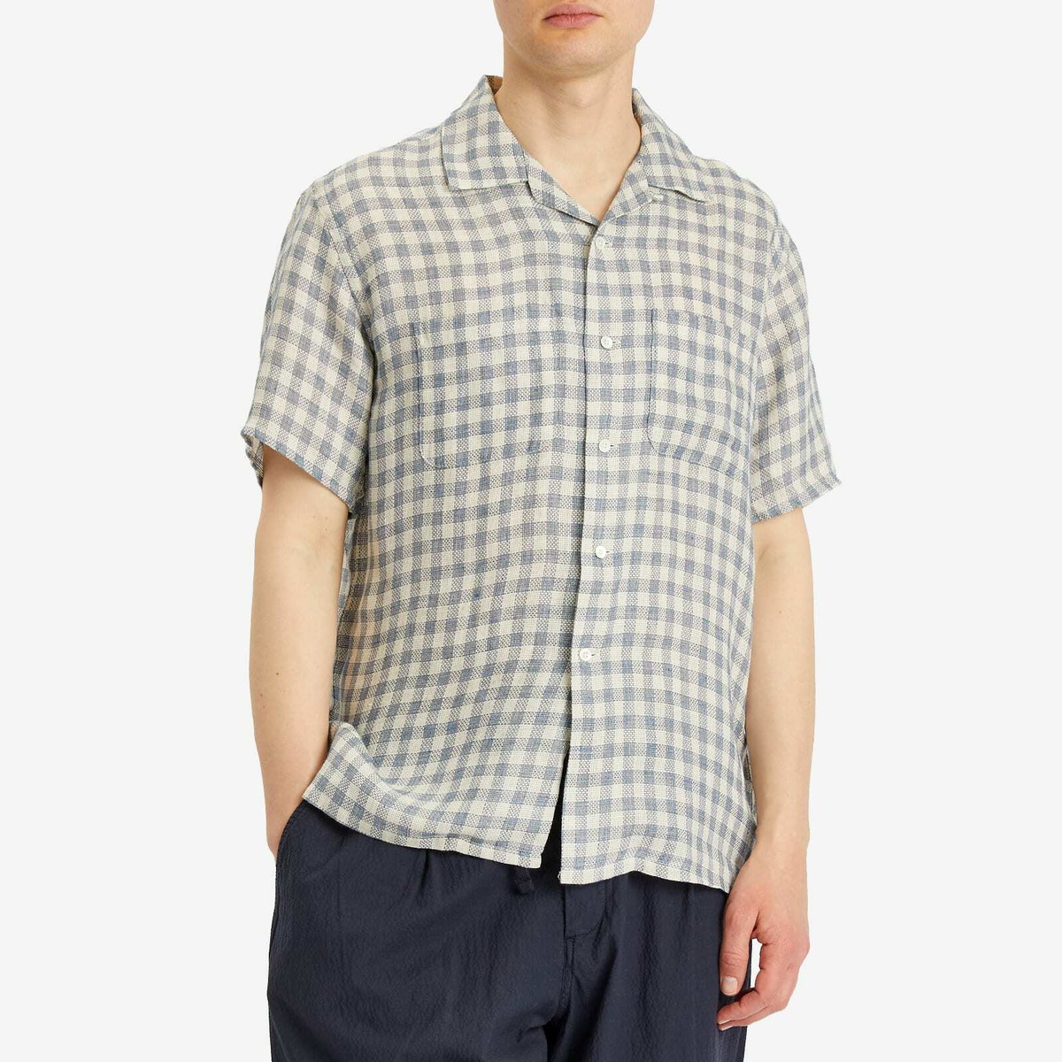 Beams Plus Men's Open Collar Panama Plaid Linen Shirt in Blue Beams Plus