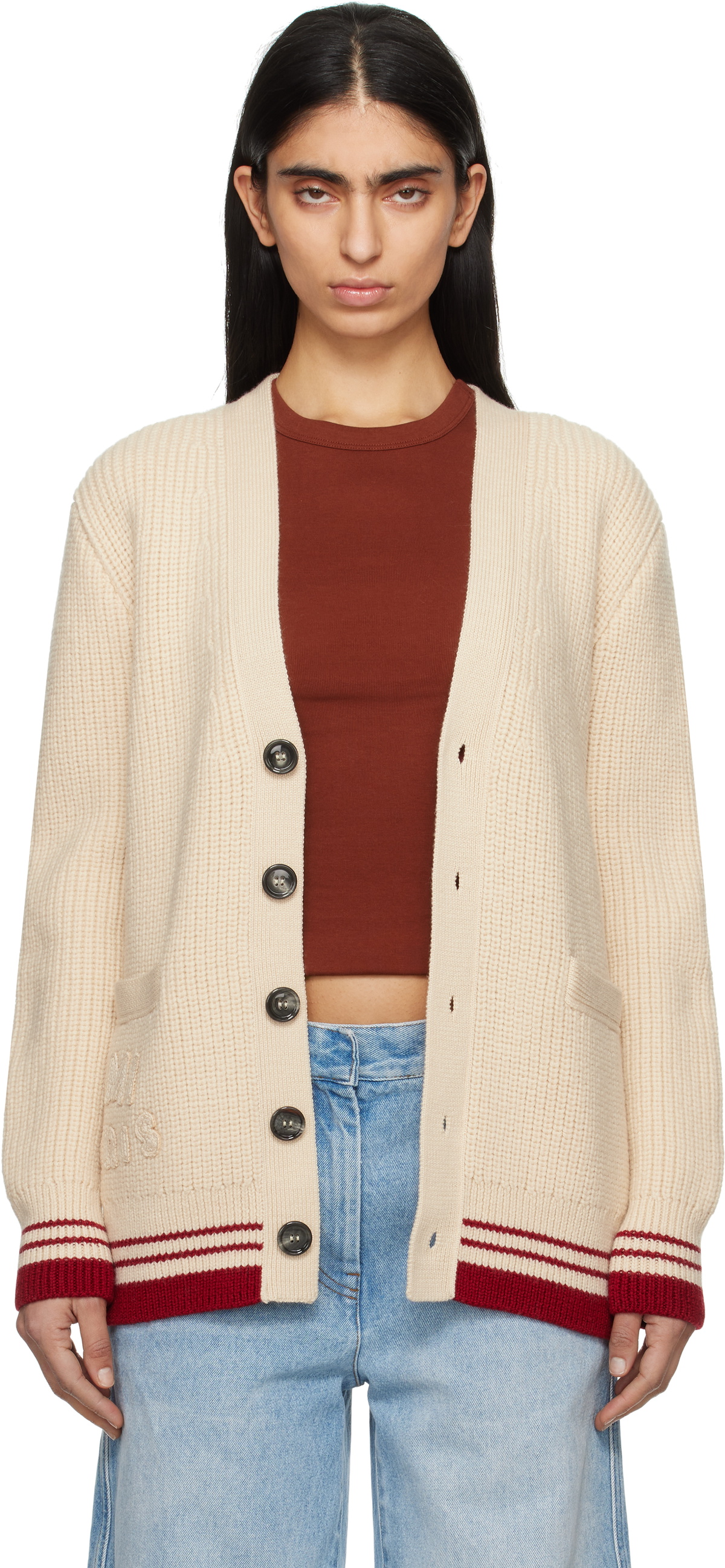 AMI Paris Beige Wool Ribbed Cardigan AMI