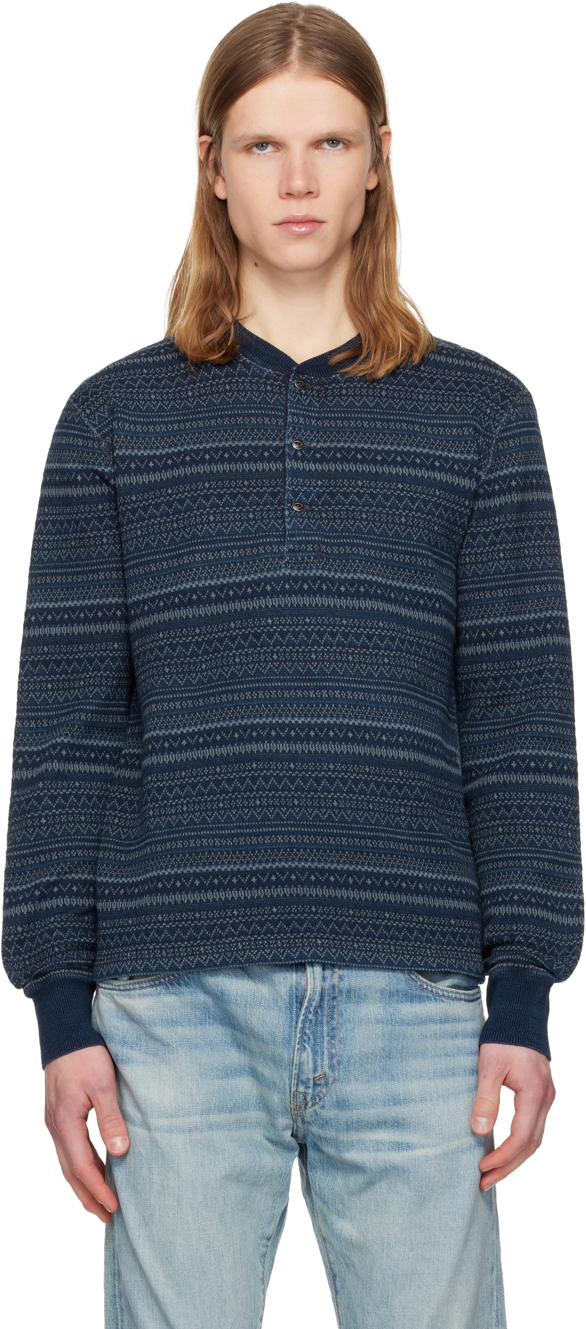 RRL Navy Indigo Jacquard Henley RRL