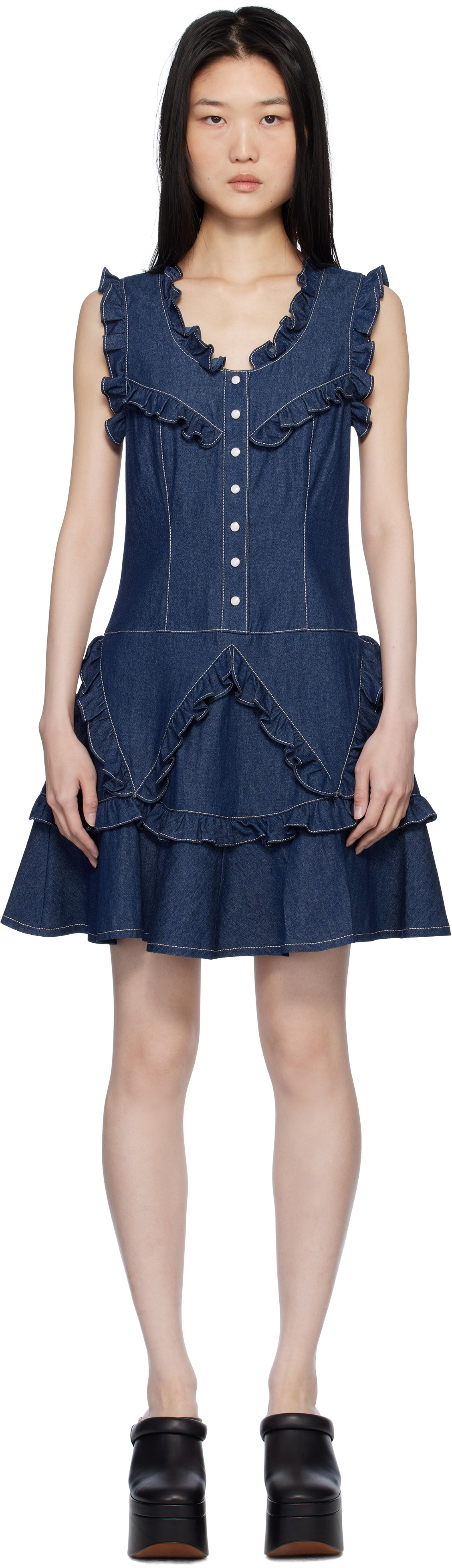 Anna Sui Navy Ruffle Denim Midi Dress Anna Sui