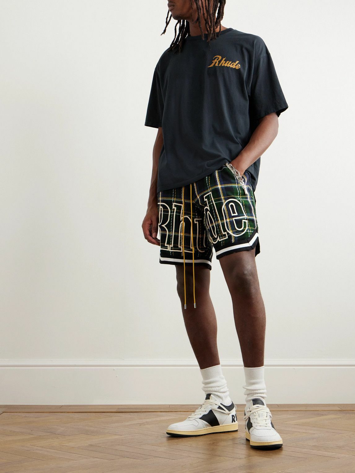 Rhude - Logo-Embroidered Checked Cotton-Flannel Drawstring Shorts ...