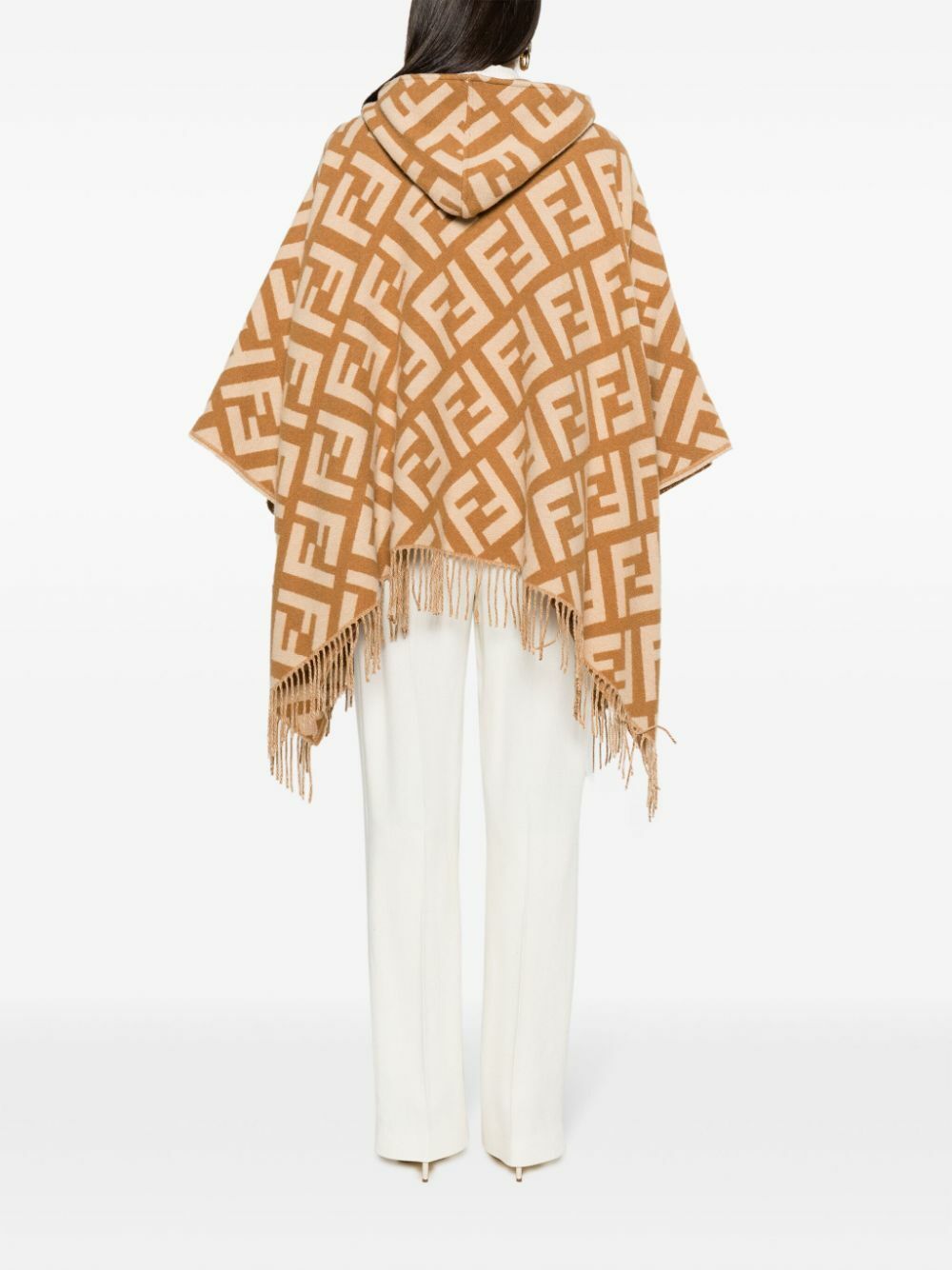 FENDI Brown FF Logo Fringed Cashmere Poncho Fendi