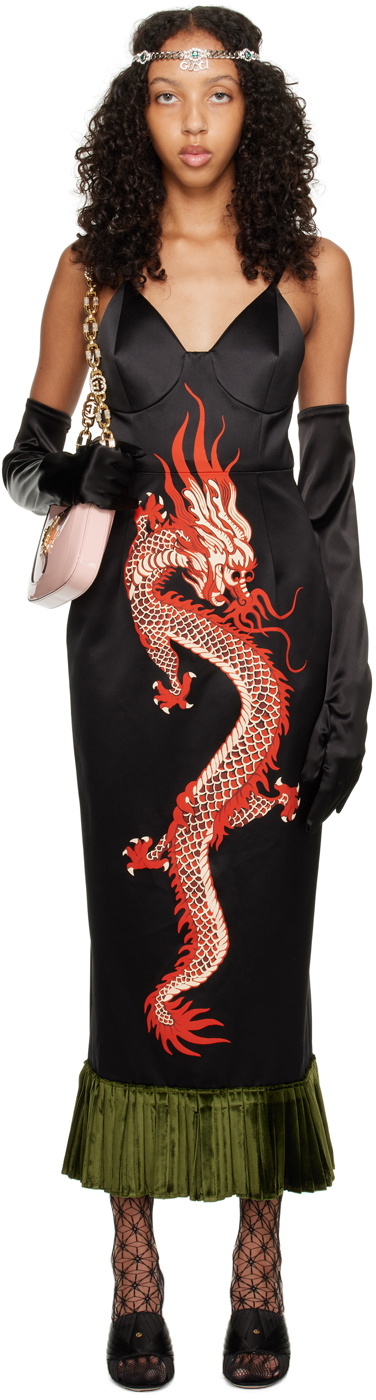 Gucci Black Dragon Print Midi Dress Gucci