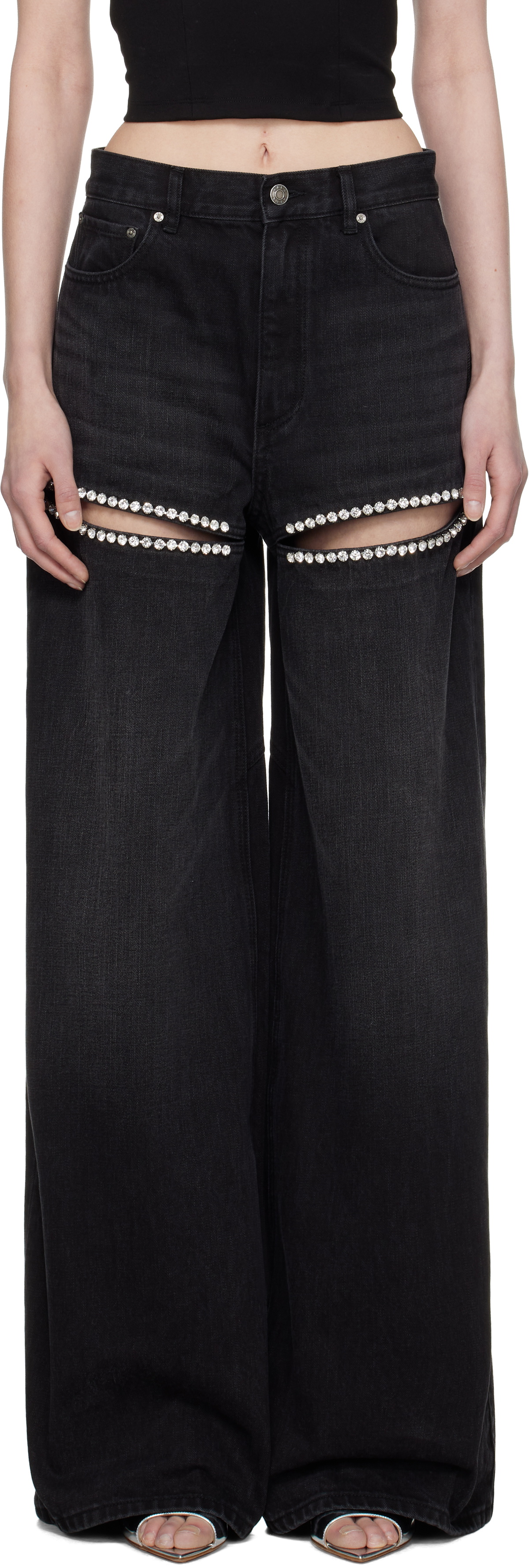 AREA Black Wide Leg Crystal Slit Jeans AREA