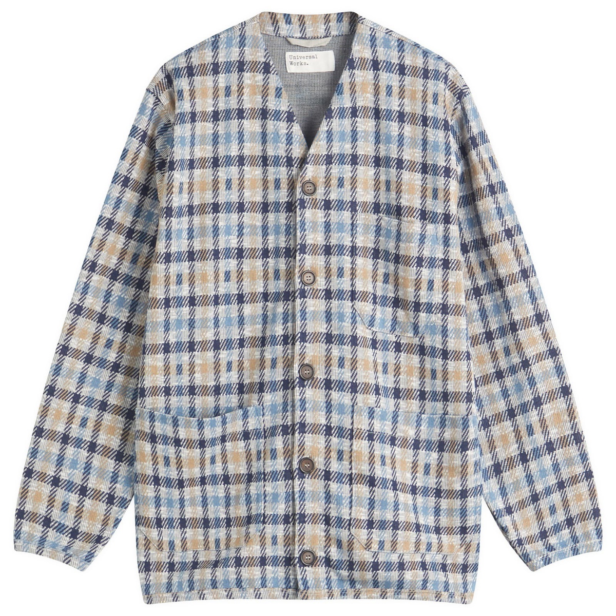 Universal Works Men's Summer Check Cardigan in Brown/Blue Universal Works