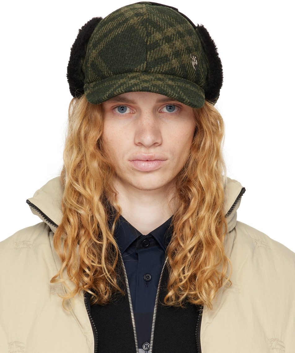 Burberry Green Shearling Trim Corduroy Trapper Cap Burberry