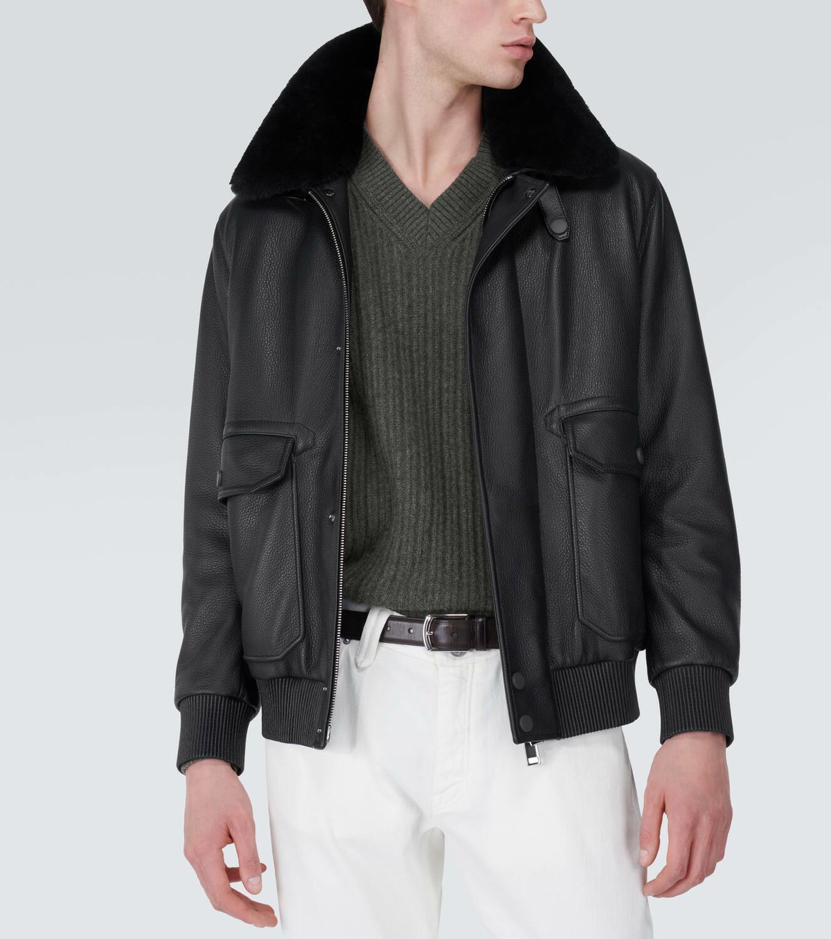 Brioni Shearling-trimmed leather bomber jacket Brioni