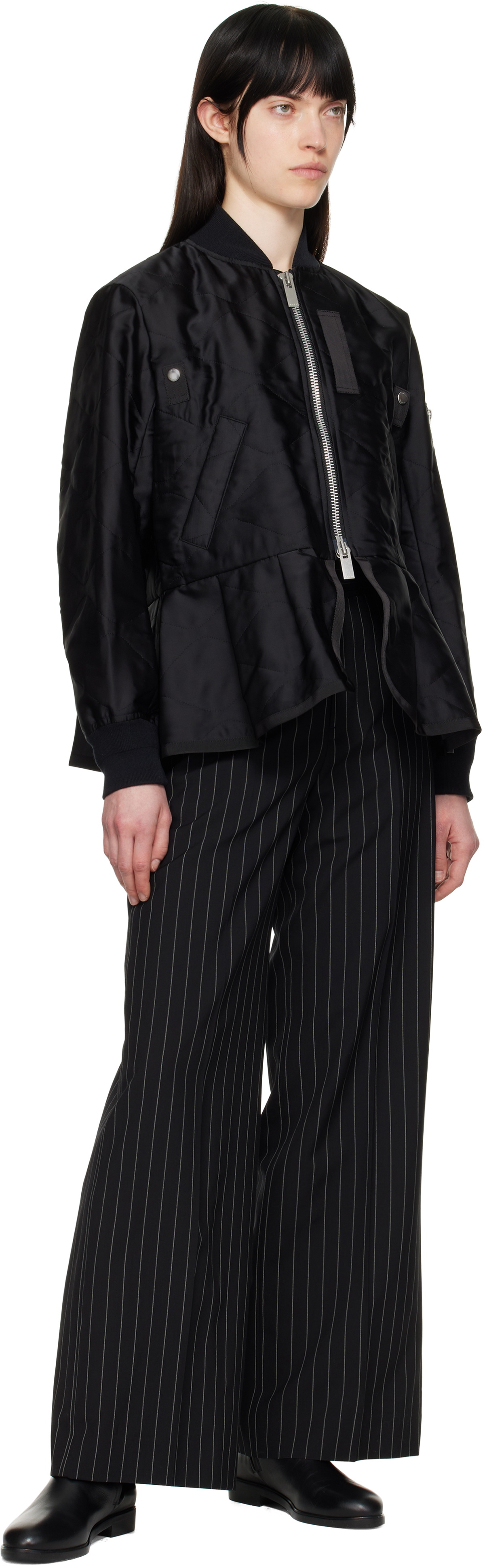 sacai Black Quilted Satin Bomber Jacket Sacai