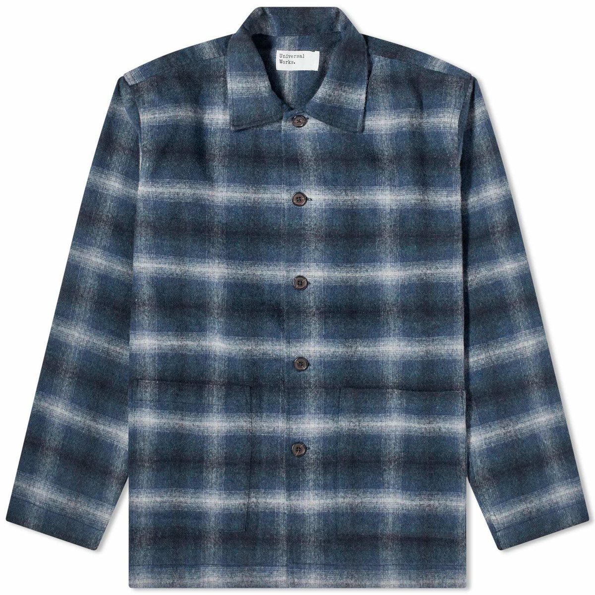Universal Works Men's Wool Flannel Easy Overshirt in Navy Check ...