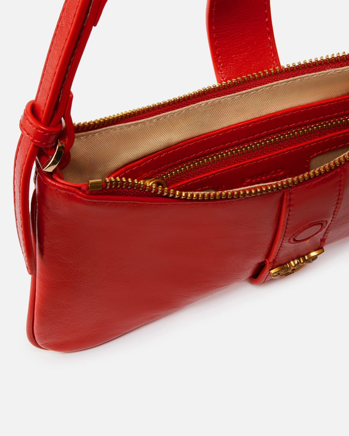 Pinko Shiny Leather Shoulder Bag With Rings Red Antique Gold Pinko