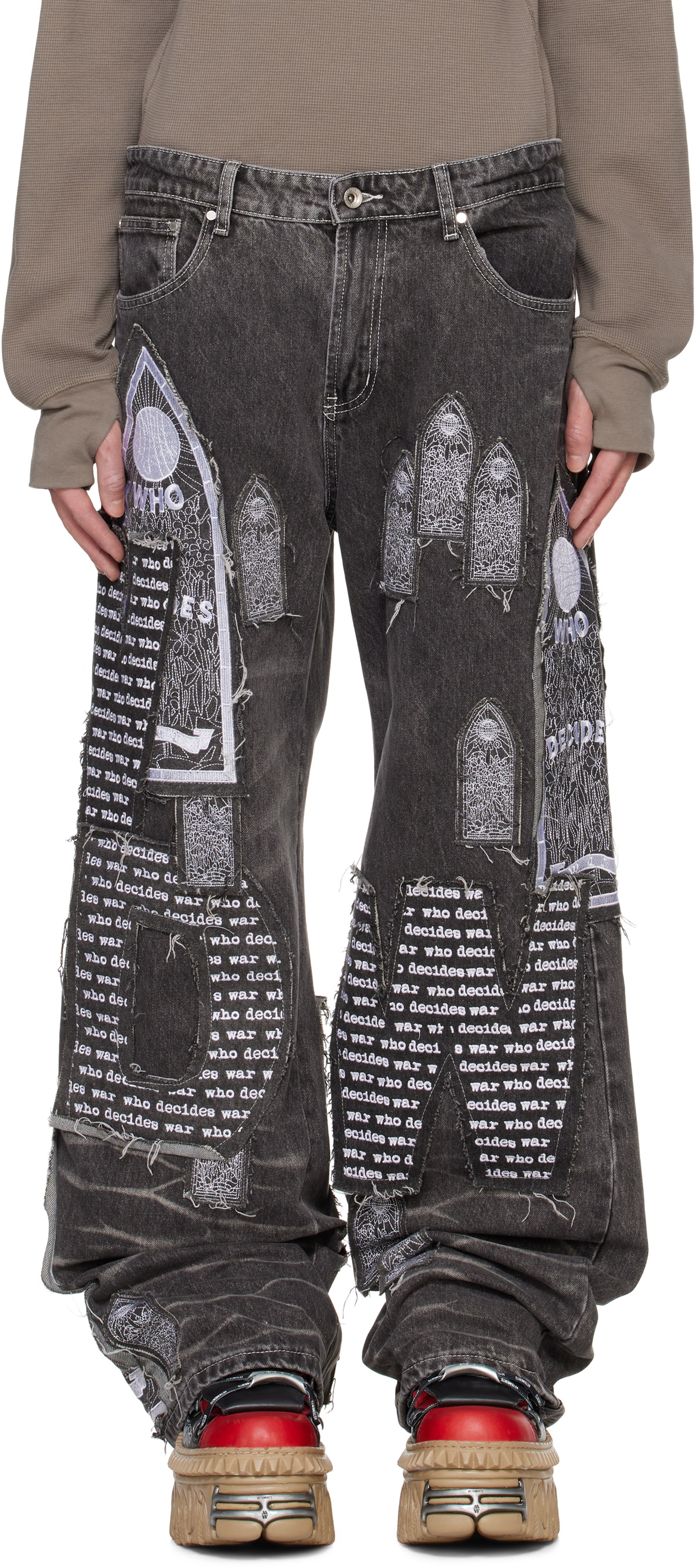 Who Decides War Gray Motif Patched Jeans WHO DECIDES WAR by Ev Bravado