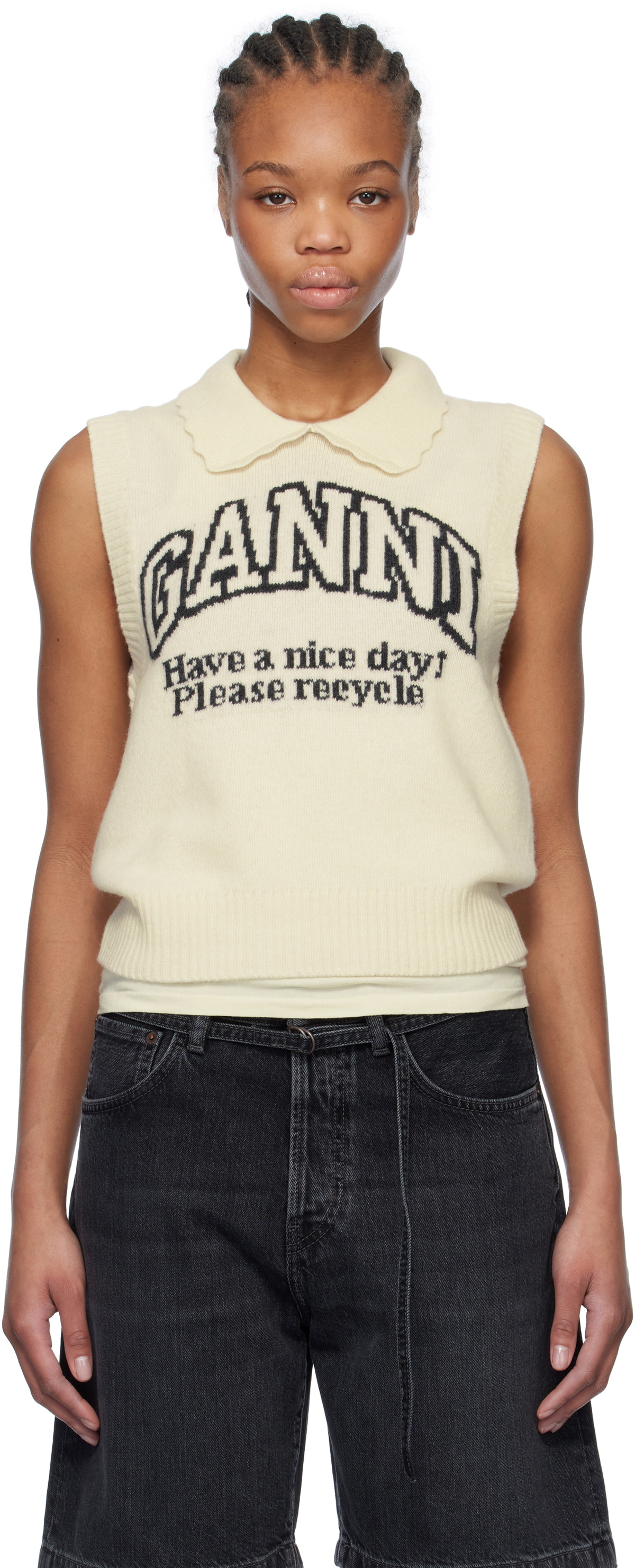 GANNI Off-White Graphic Wool Mix Collar Vest GANNI