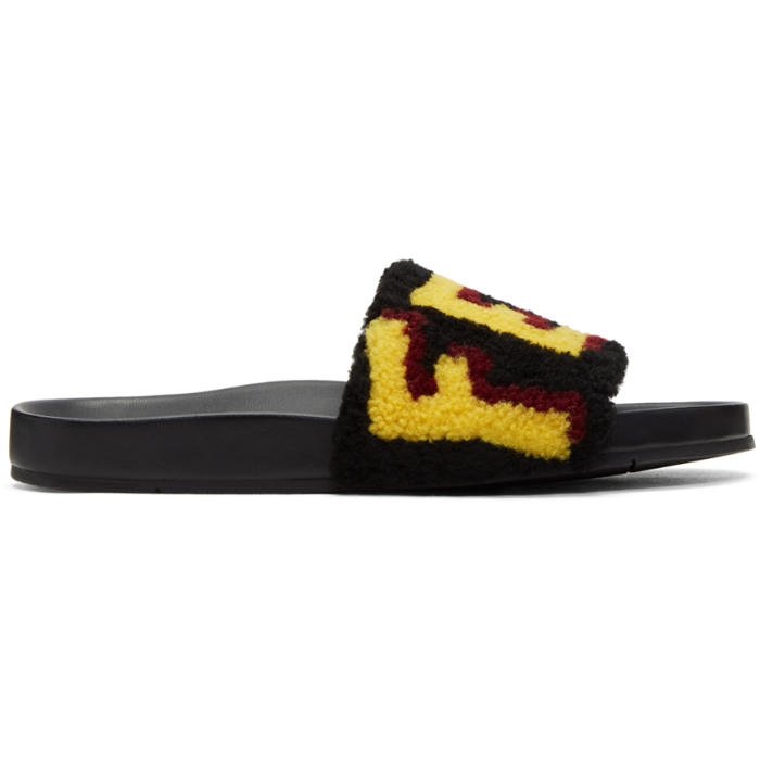 Fendi Black Shearling Logo Slides Fendi