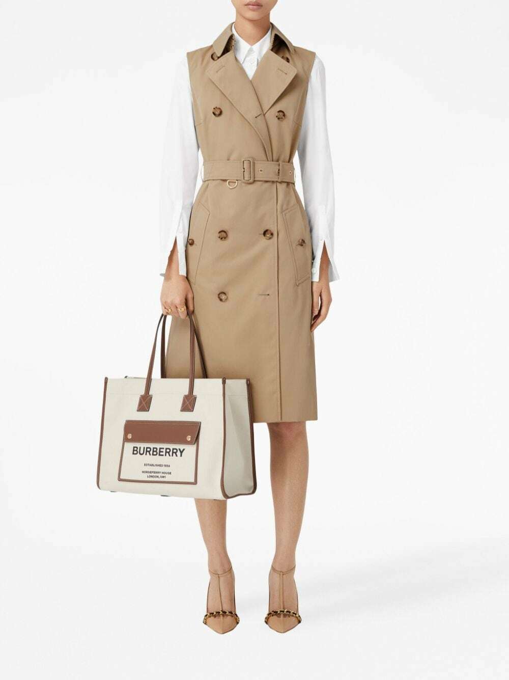 BURBERRY - Pocket Cotton And Leather Shopping Bag Burberry