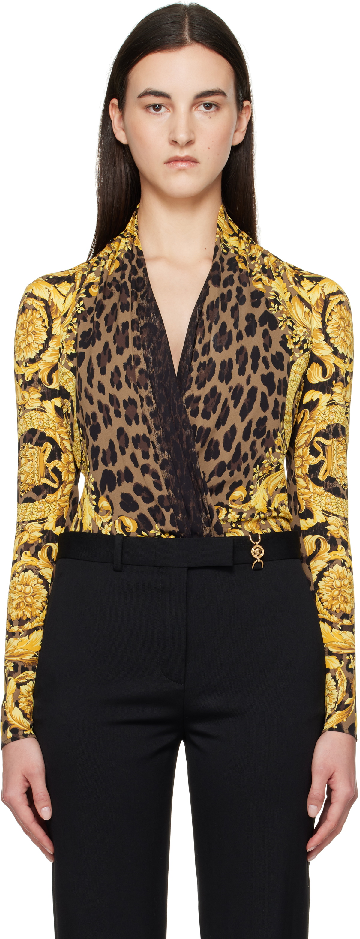 Versace Black & Gold Wild Barocco Silk Draped Bodysuit Versace