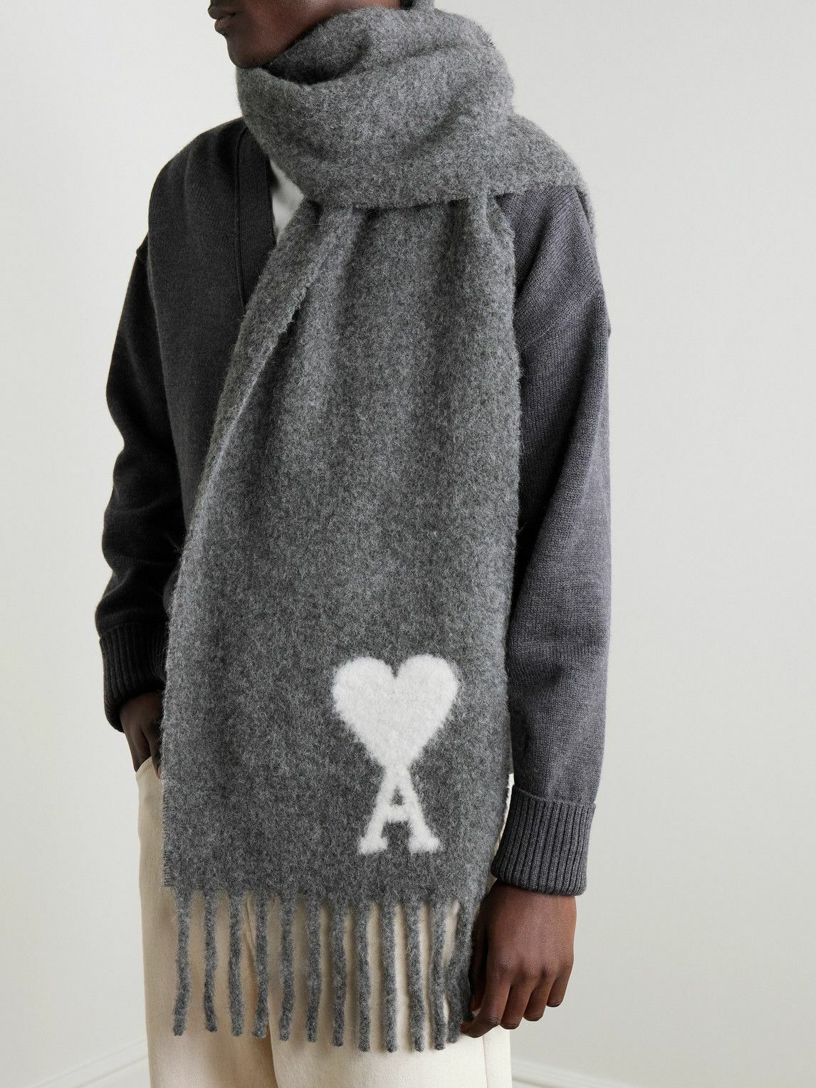 AMI PARIS - Fringed Logo-Intarsia Alpaca-Blend Scarf AMI
