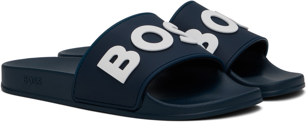 BOSS Navy Raised Logo Pool Slides BOSS