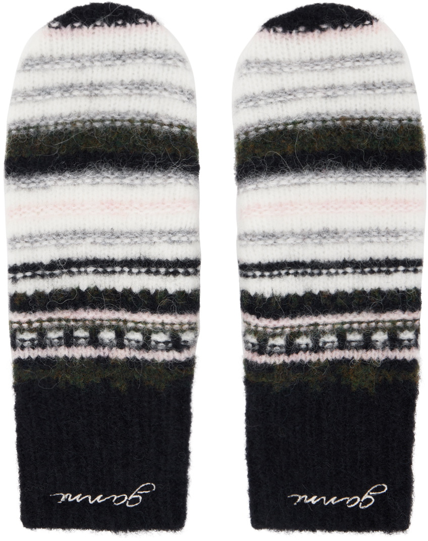 GANNI Black & White Striped Soft Wool Mitts GANNI