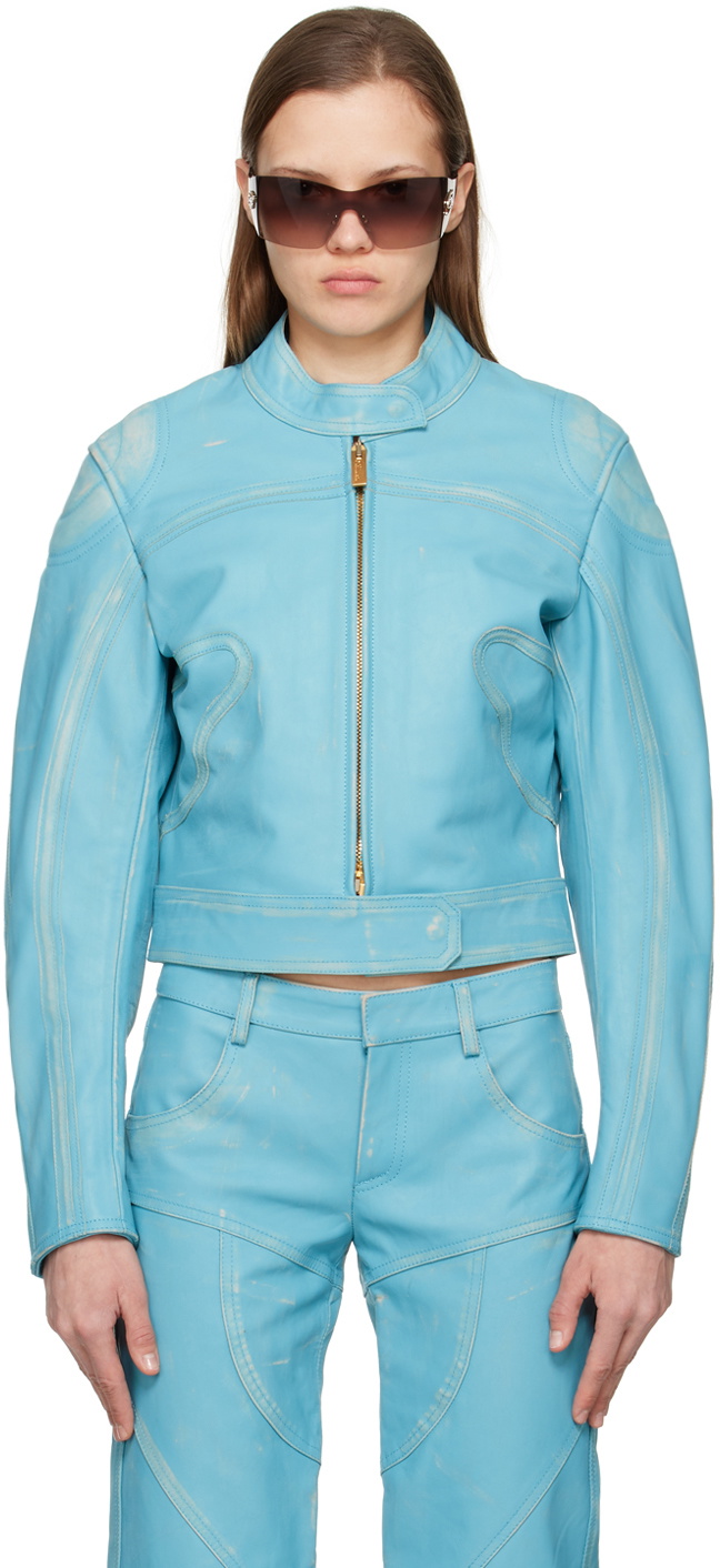 Blumarine Blue Distressed Leather Jacket Blumarine