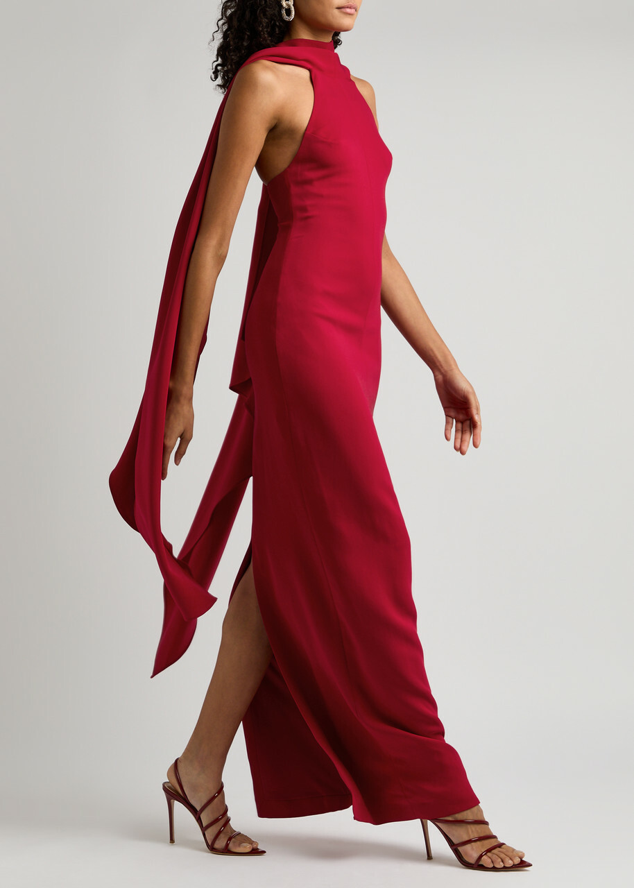 Solace London Emerson Draped Jersey Maxi Dress Dark Red Solace London
