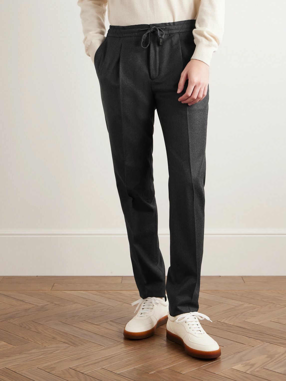 Incotex - Venezia 1951 Tapered Pleated Brushed Virgin Wool-Twill Drawstring Trousers - Gray Incotex