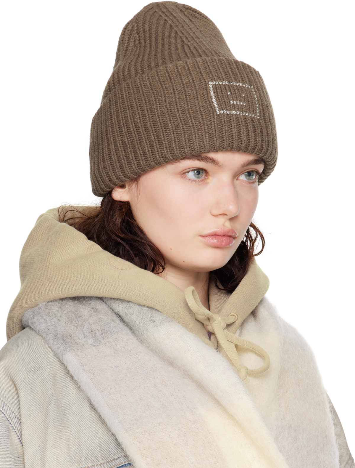 Acne Studios Khaki Embellished Face Logo Beanie Acne Studios