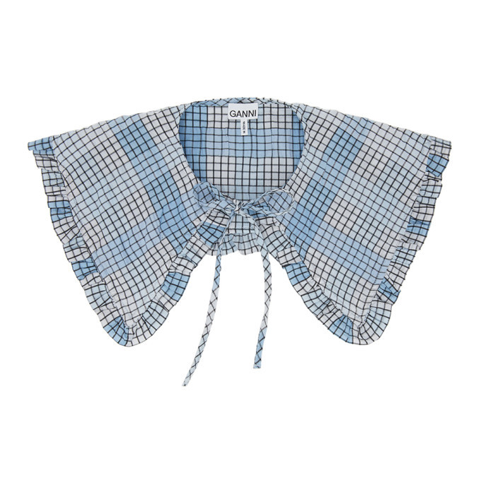GANNI Blue and White Seersucker Check Collar GANNI