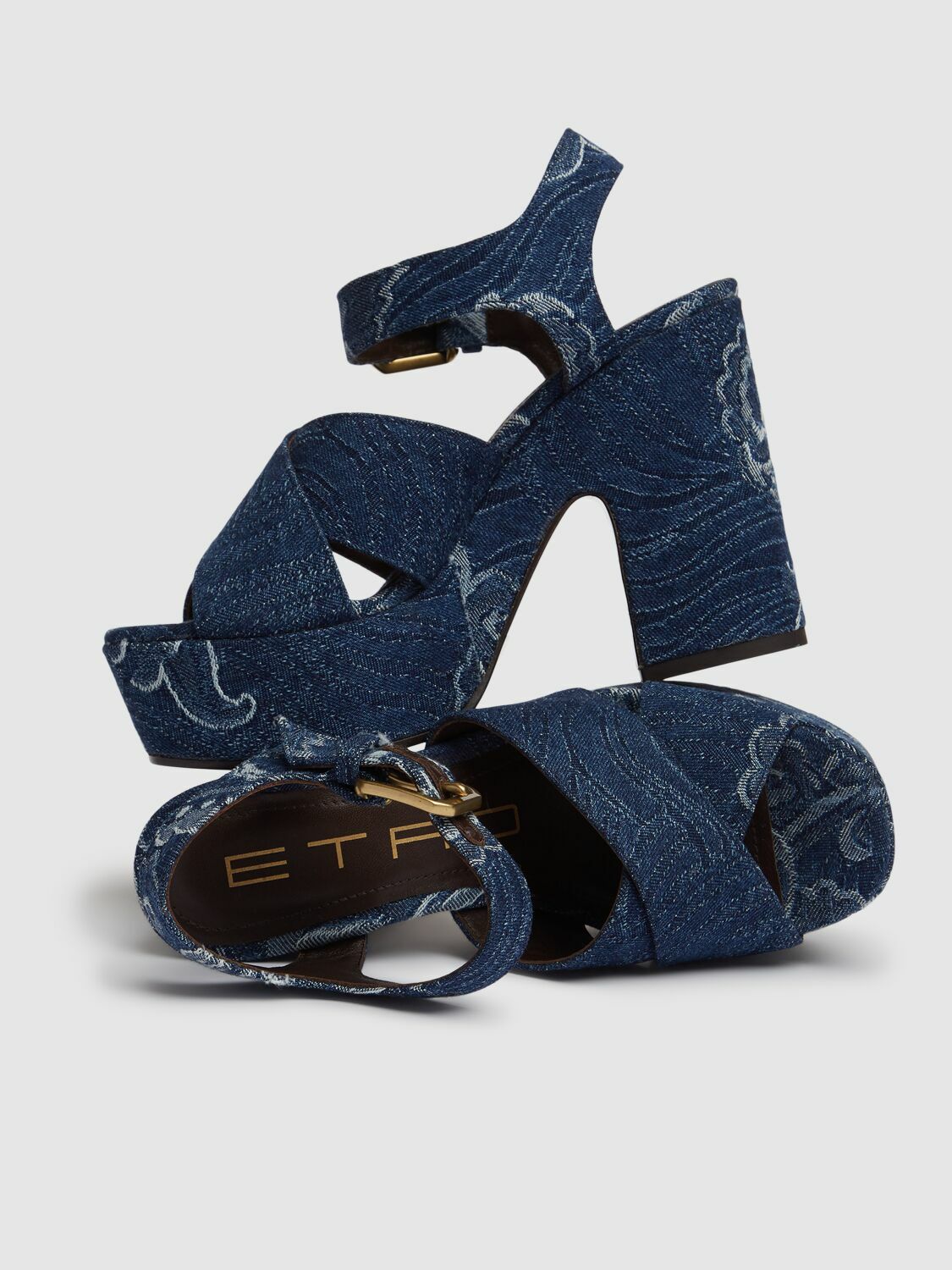 ETRO 100mm Embroidered Denim Platform Sandals Etro