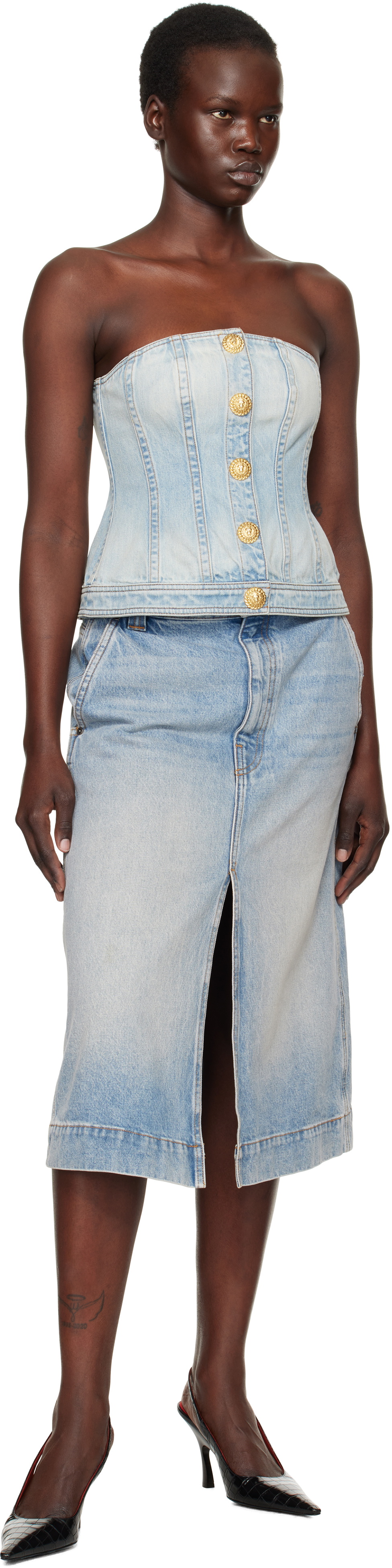 Balmain Blue Buttoned Denim Corset Top Balmain