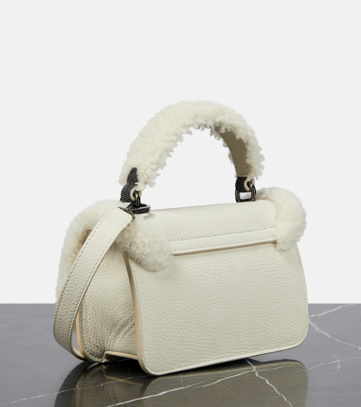 Brunello Cucinelli Shearling-trimmed suede shoulder bag Brunello Cucinelli